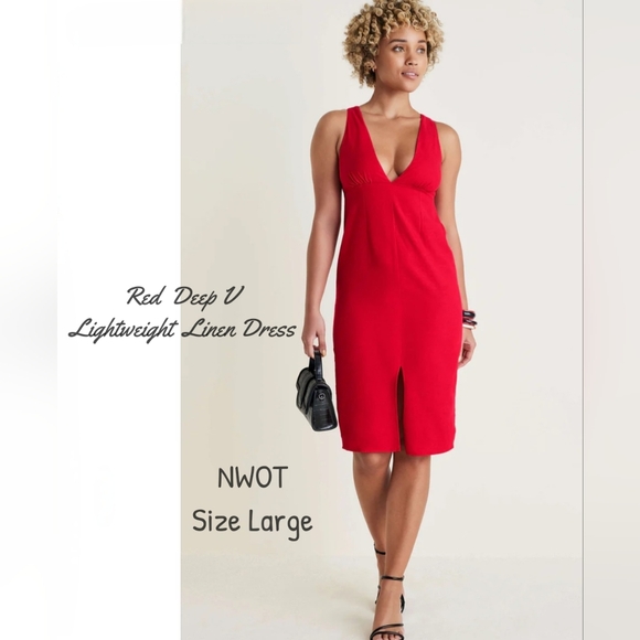 VENUS | Dresses | Venus Red Deep V Linen Dress Nwot | Poshmark